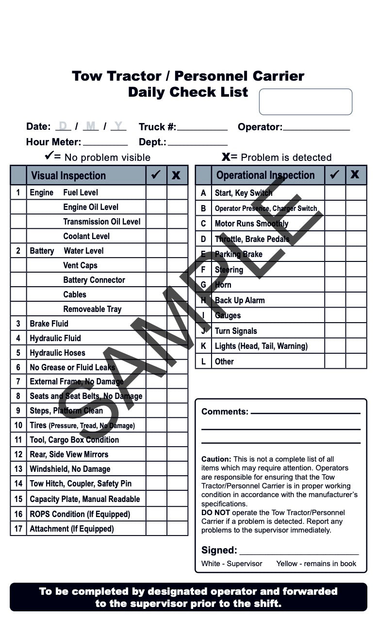 Tow Tractor / Personnel Carrier - Replacement Checklist #CHKPC – Log ...