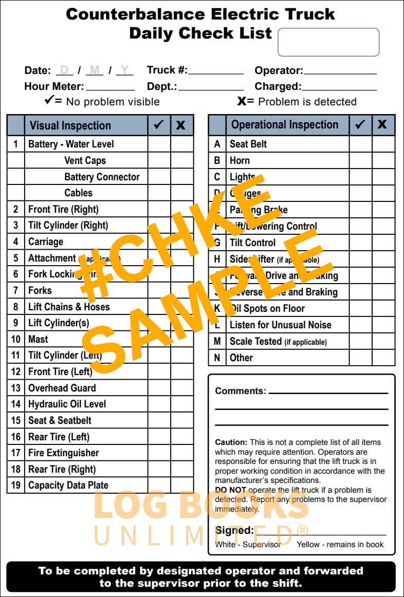 Electric Counterbalance Lift Truck - Replacement Checklist # CHKE – Log ...