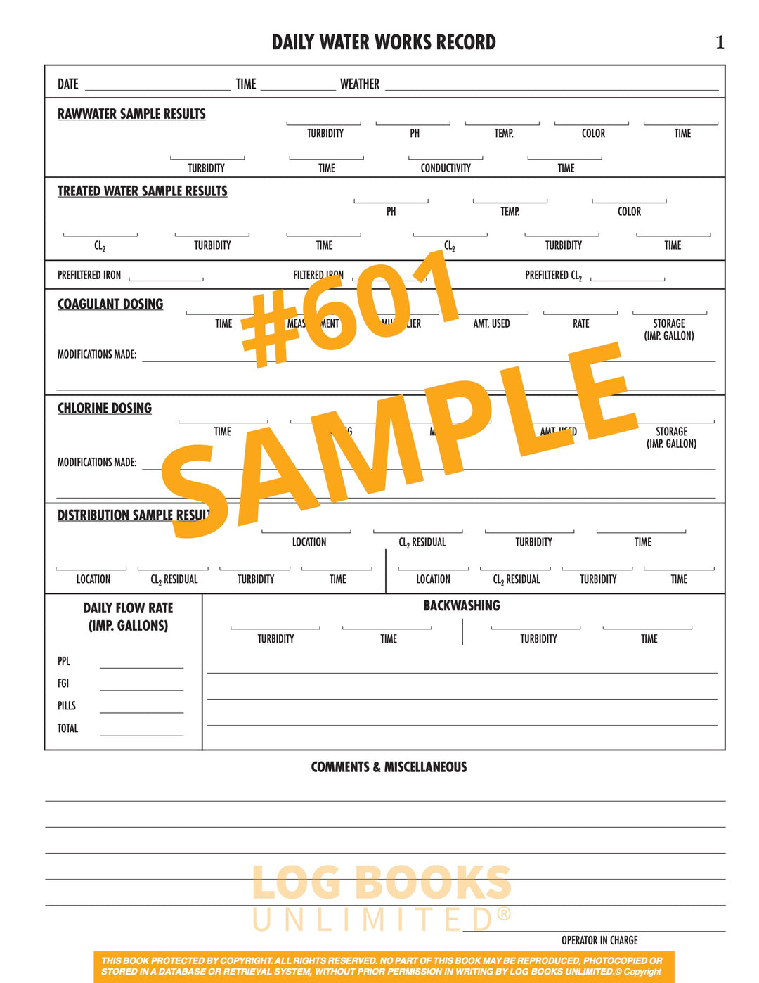 Daily Waterworks / Water Treatment Log Book #601 – Log Books Unlimited