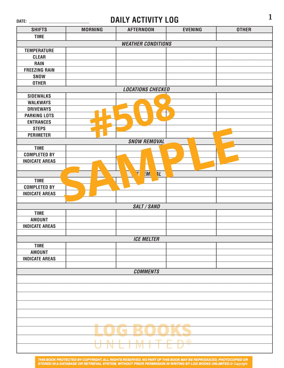 Salt & Sanding (Snow Removal) Log Book #508 – Log Books Unlimited